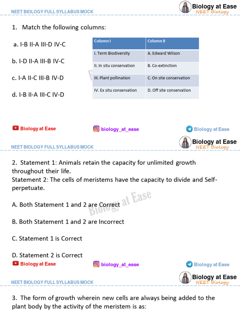 NEET BIOLOGY FULL MOCK 100 Qs | PDF | Nervous System | Biology