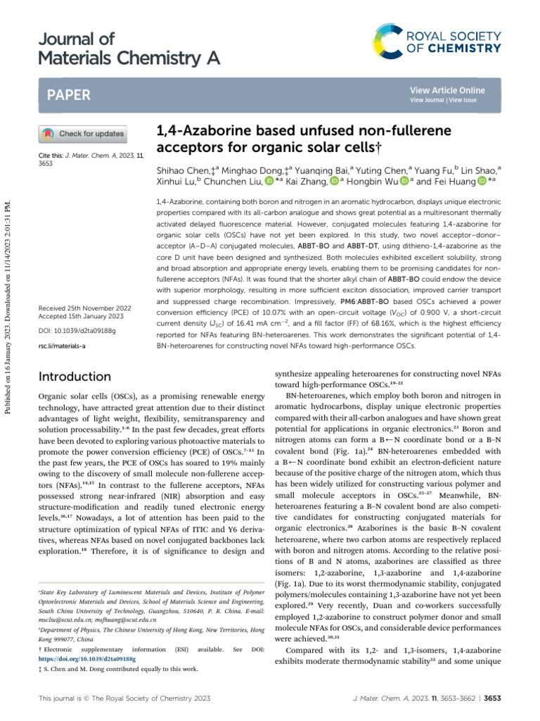 1,4-Azaborine Based Unfused Non-Fullerene | PDF | Applied And ...