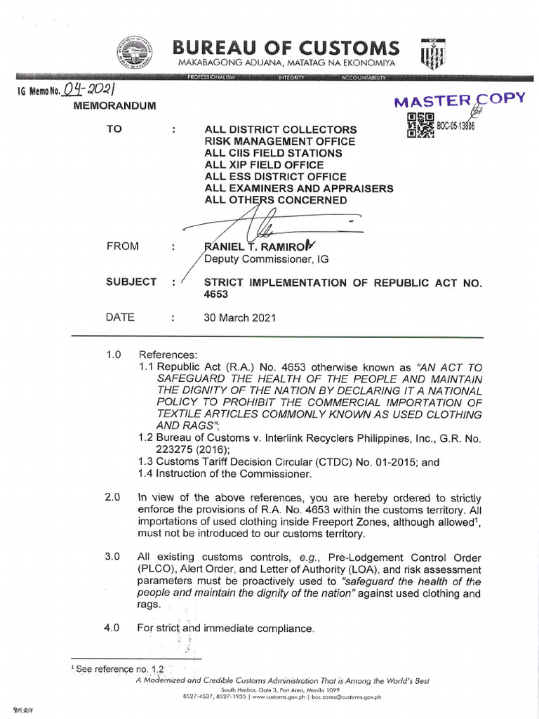 Ig-memo-04-2021-Strict Implementation of Republic Act No 4653 | PDF