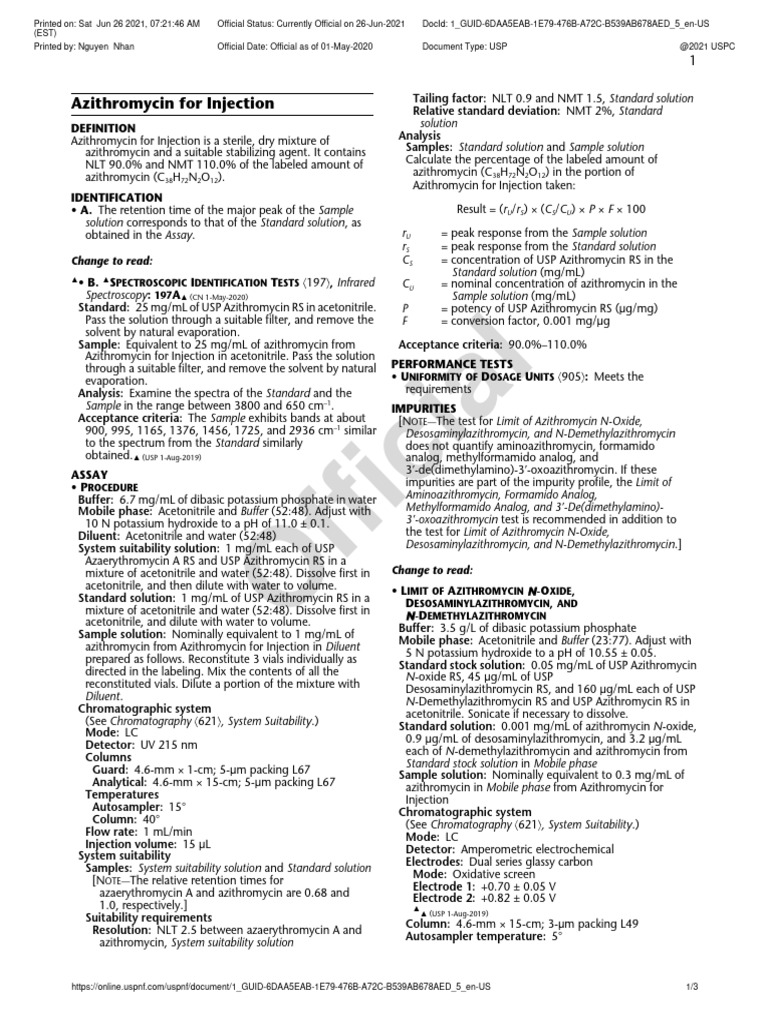 Azithromycin Injection Analysis | PDF | Chromatography | Buffer Solution