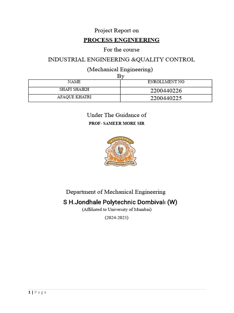 Project Report On For The Course Industrial Engineering &quality Control (Mechanical Engineering ...