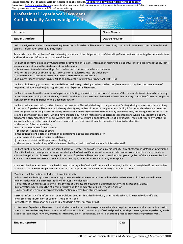 JCU-Professional-Experience-Placement-Confidentiality-Acknowledgement ... JCU-Professional-Experience-Placement-Confidentiality-Acknowledgement ...