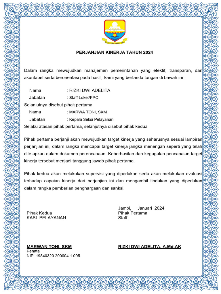 Perjanjian Kinerja Anggun 2024 Pdf