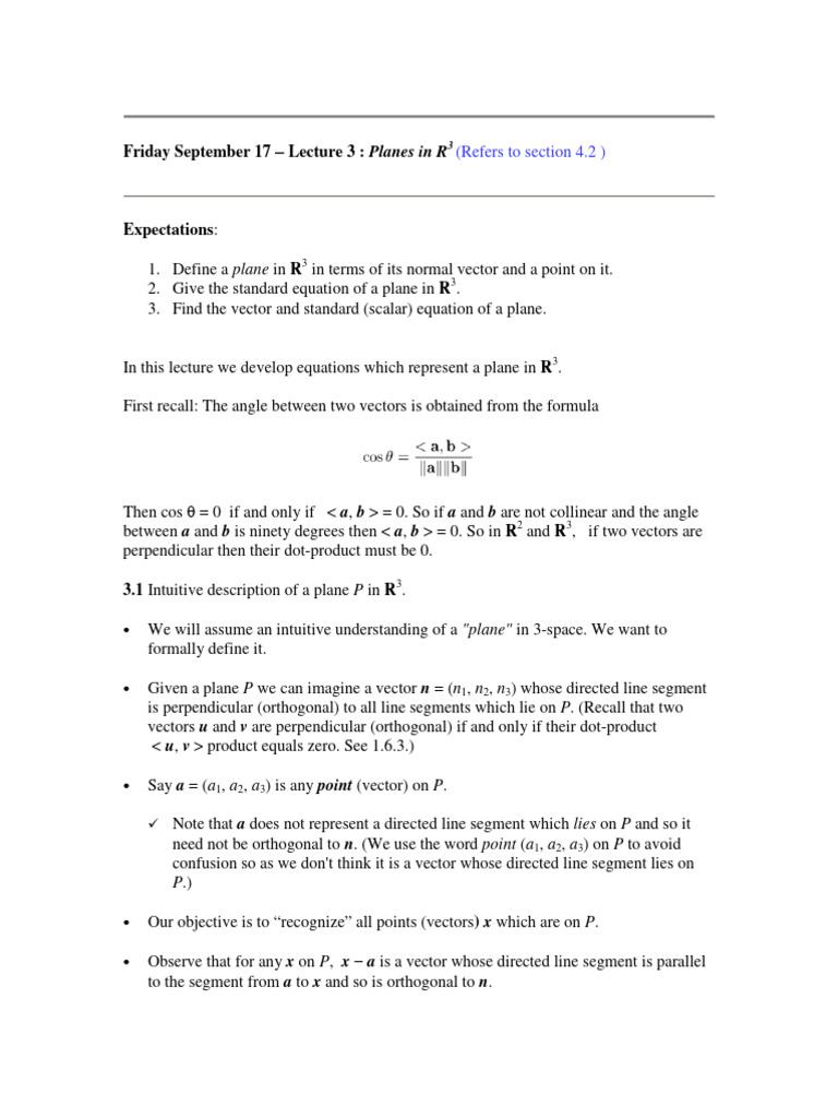 Lecture 03 - Planes in R 3 | PDF | Euclidean Vector | Equations