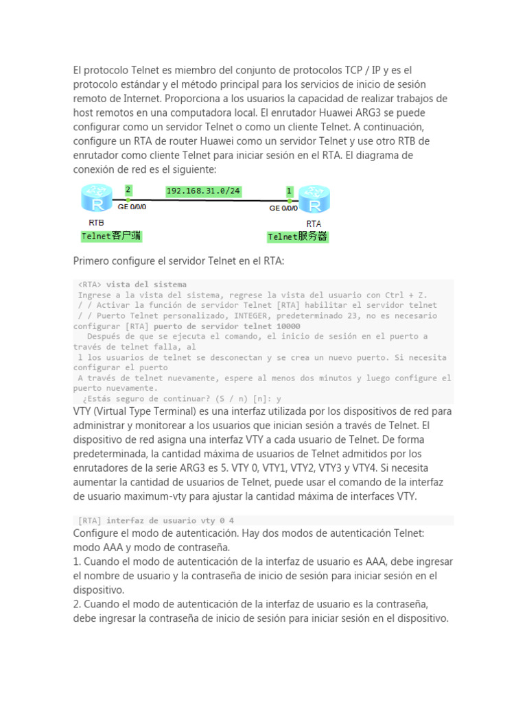 Configuración Telnet en Routers Huawei | PDF | Autenticación | Enrutador (Computación)