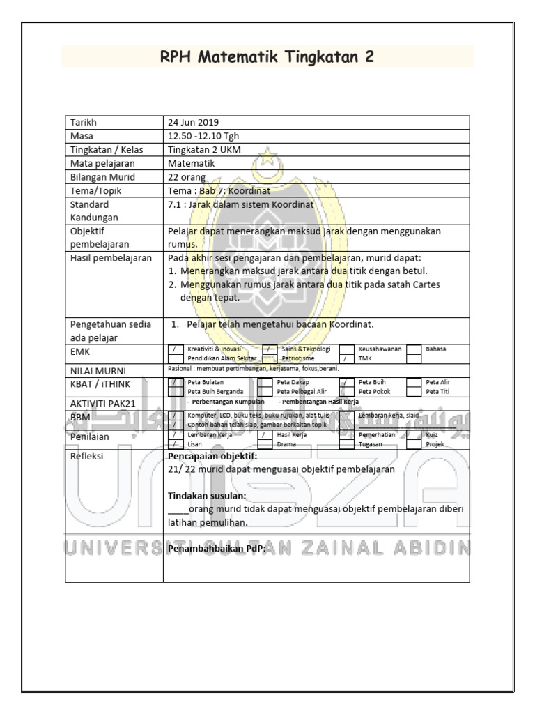 RPH Matematik Tingkatan 2 Pencapaian Objektif | PDF