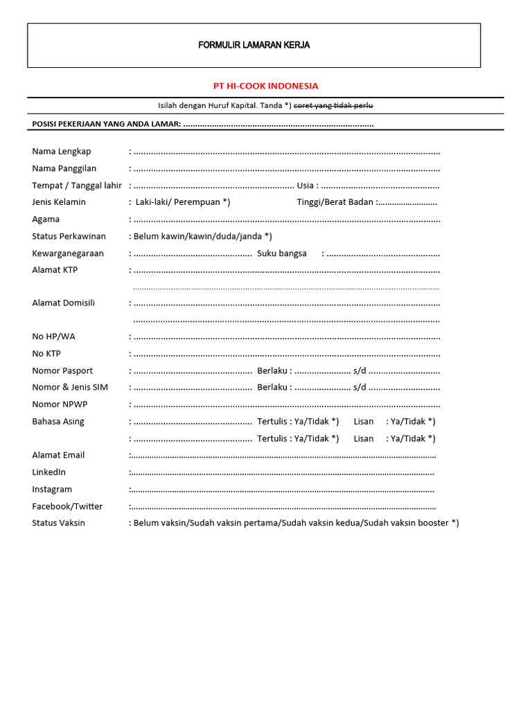 Form Lamaran Kerja PT Hi Cook Indonesia | PDF | Karier & Perkembangan