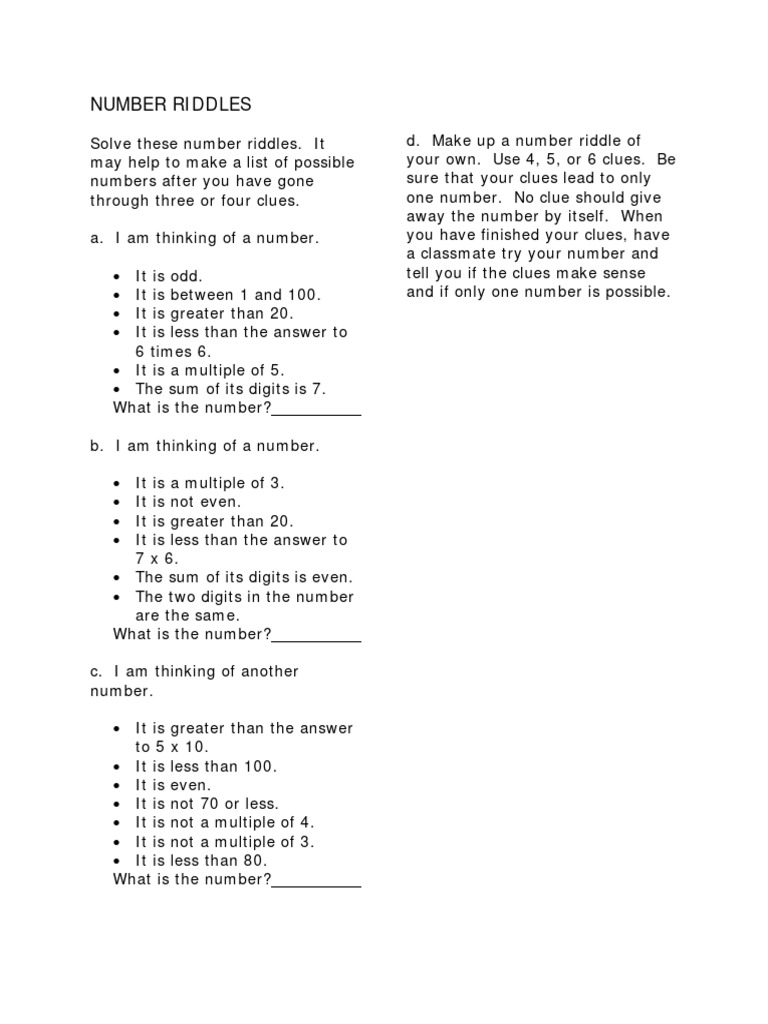 Engaging Number Riddles for Kids | PDF | Arithmetic | Mathematics