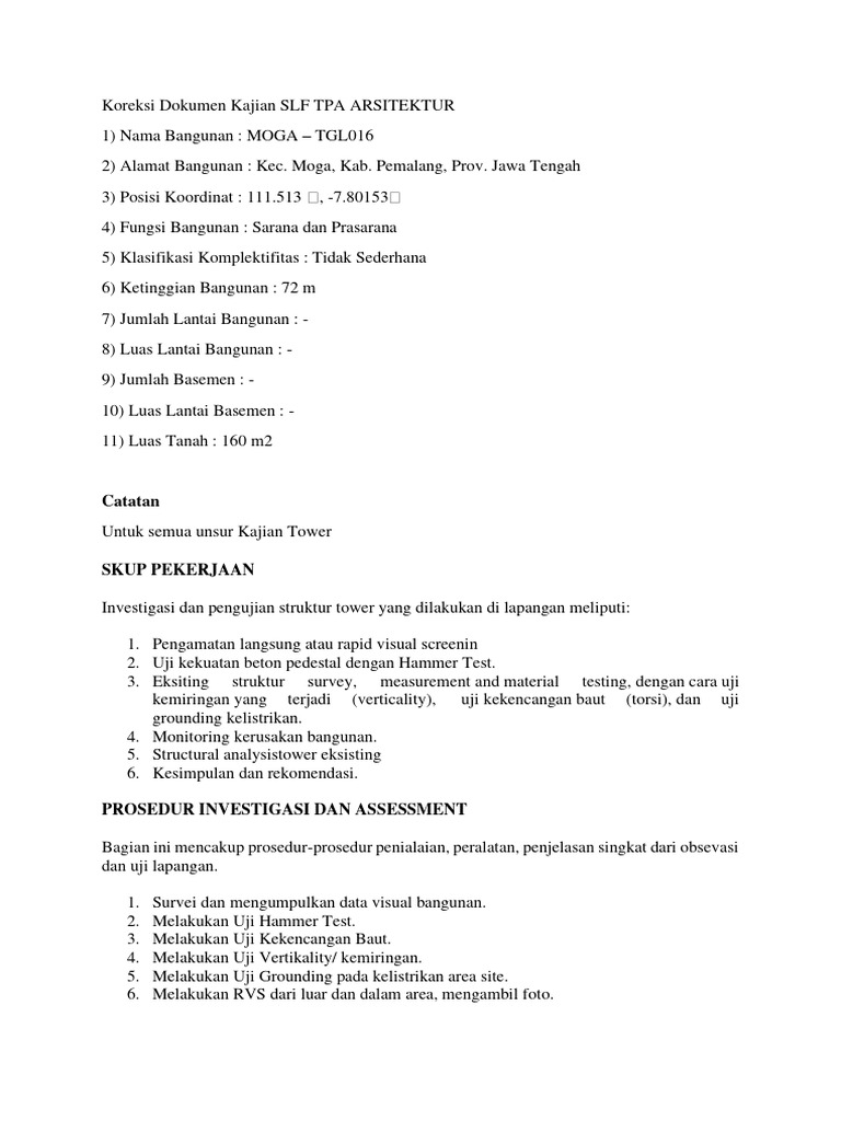 Koreksi Dokumen Kajian SLF TOWER MOGA TPA ARSITEKTUR | PDF