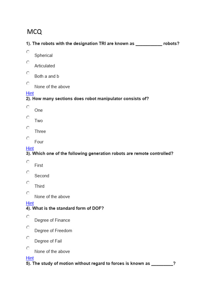 MCQs with ans | PDF | Robot | Robotics