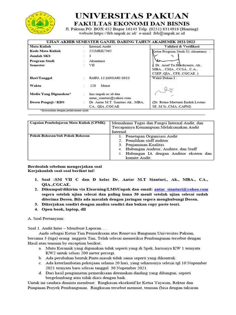 Internal Audit - Dr. Antar M.T. Sianturi Ak., MBA, CA., QIA (1) - UAS | PDF