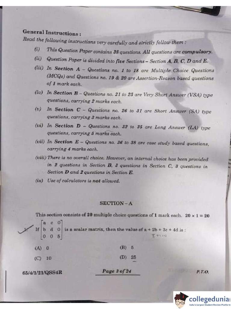 CBSE Class 12 Mathematics Question Paper 2024 Set 1 65 4 1 | PDF