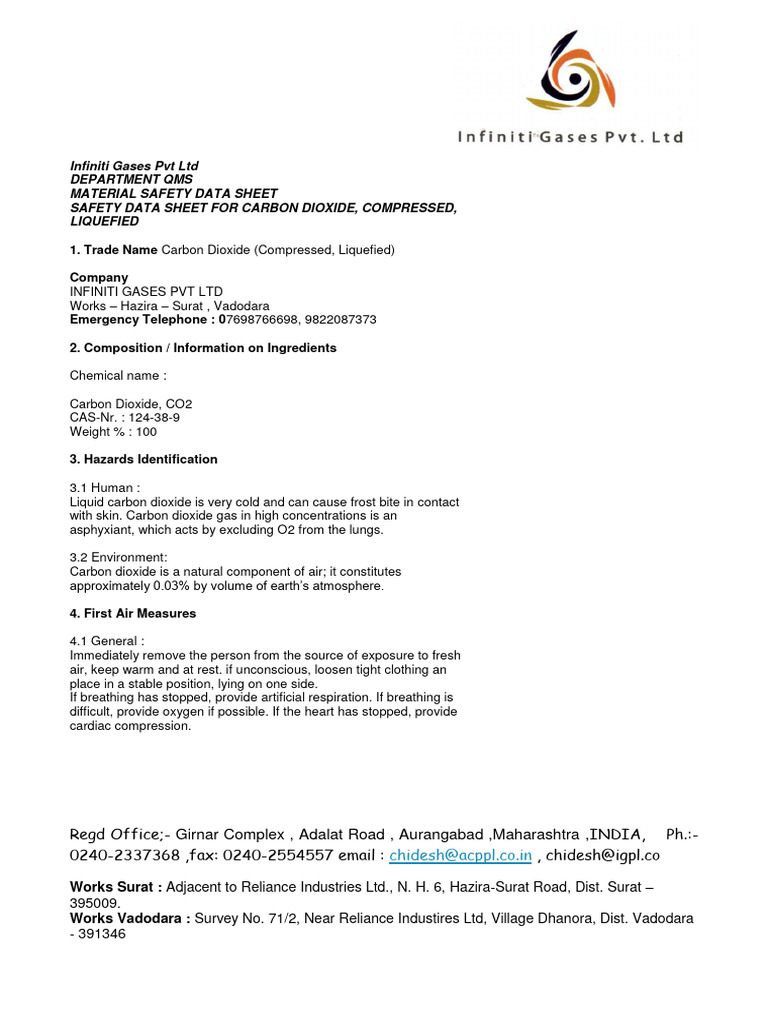 Co2 MSDS | PDF | Carbon Dioxide | Breathing