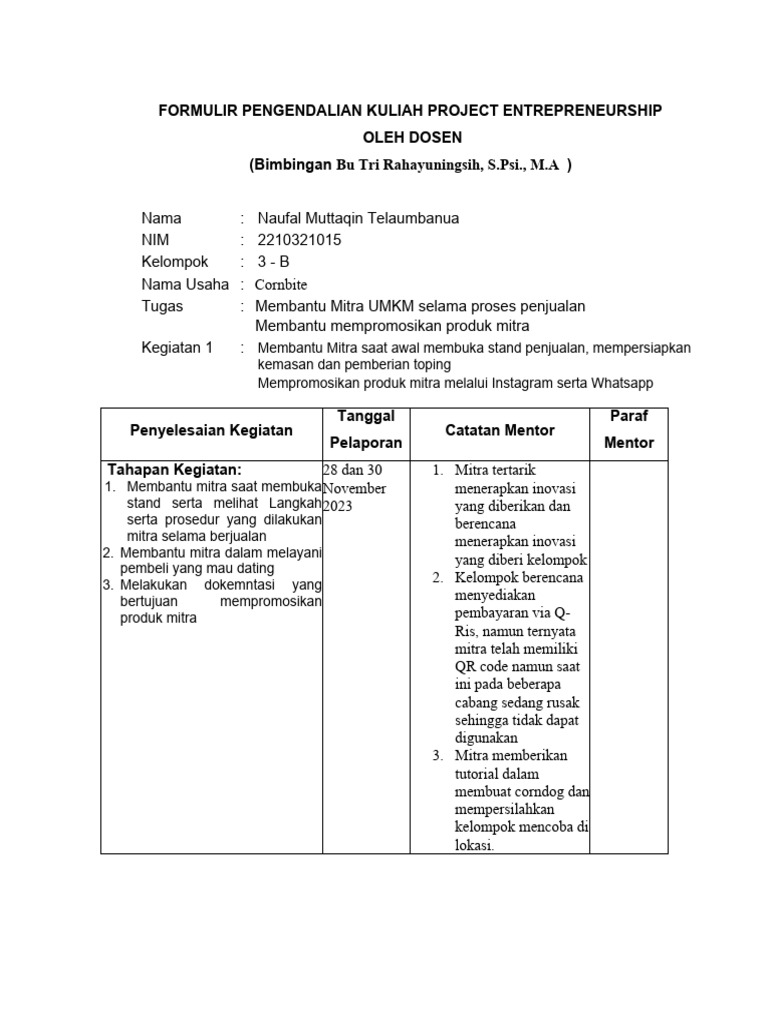 FORMULIR PENGENDALIAN TUGAS Psi - Entrepreneur P.12-14 | PDF