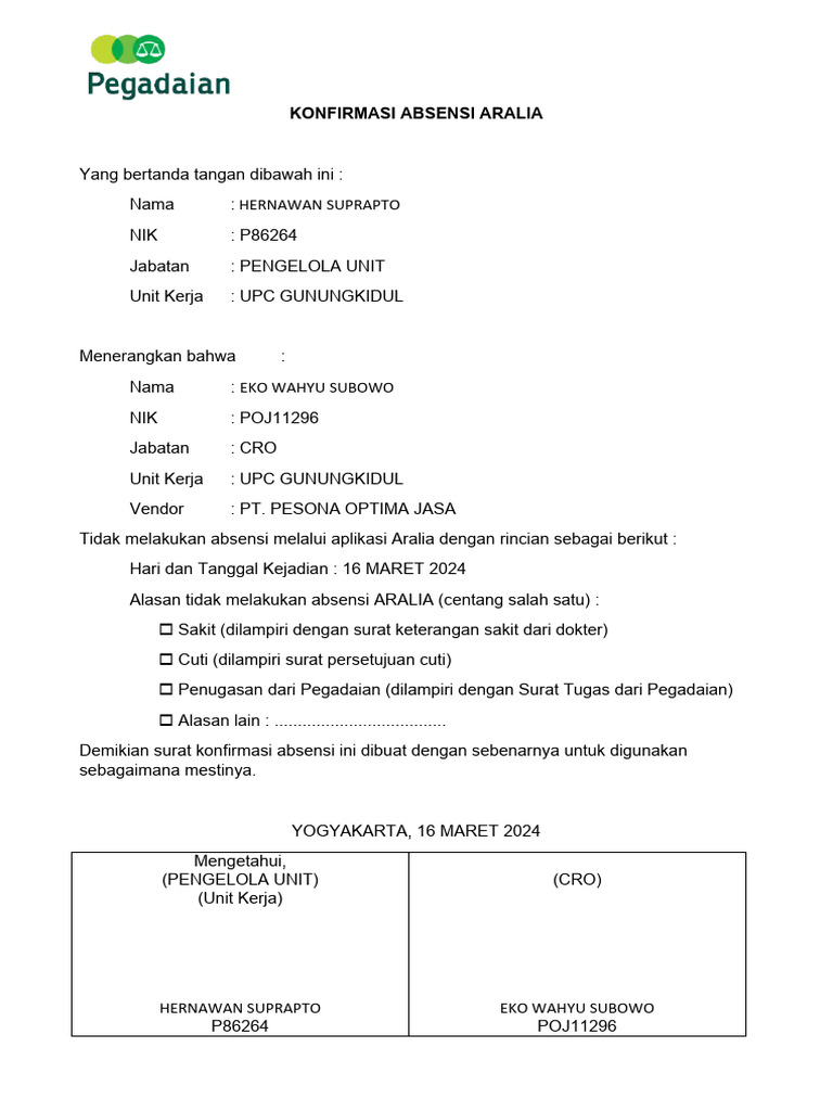 Konfirmasi Absensi Aralia 2023 | PDF