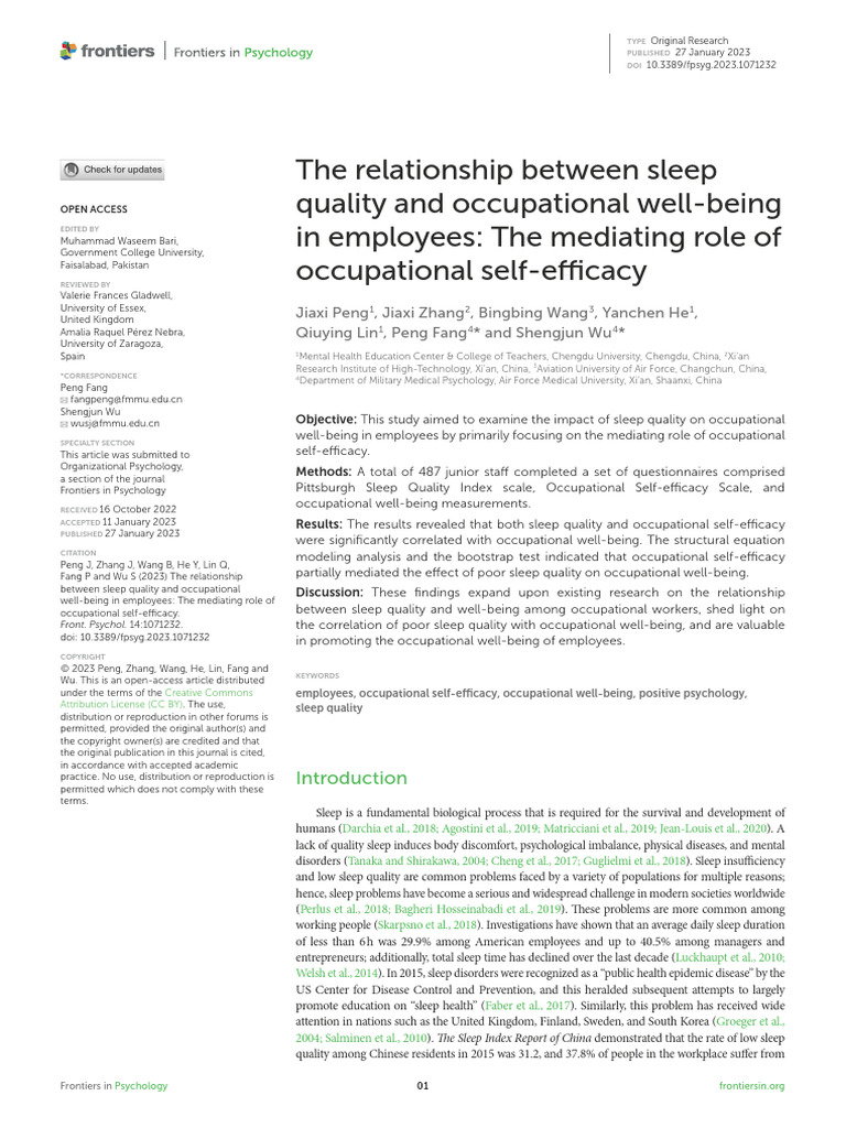 The Relationship Between Sleep Quality and Occupat | PDF | Job Satisfaction | Self Efficacy