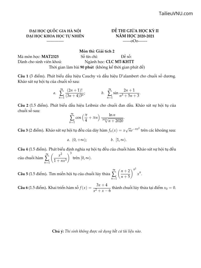 Đề thi Giải tích 2 giữa kỳ 2 (Ngành học CLC MT-KHTT) năm học 2020-2021 ...