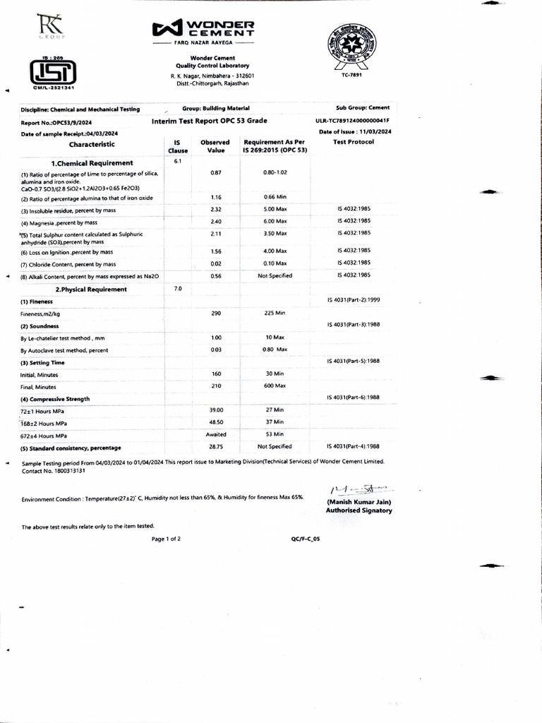 Wonder Cement Interim Test Report OPC 53 Grade.-1 | PDF | Cement ...