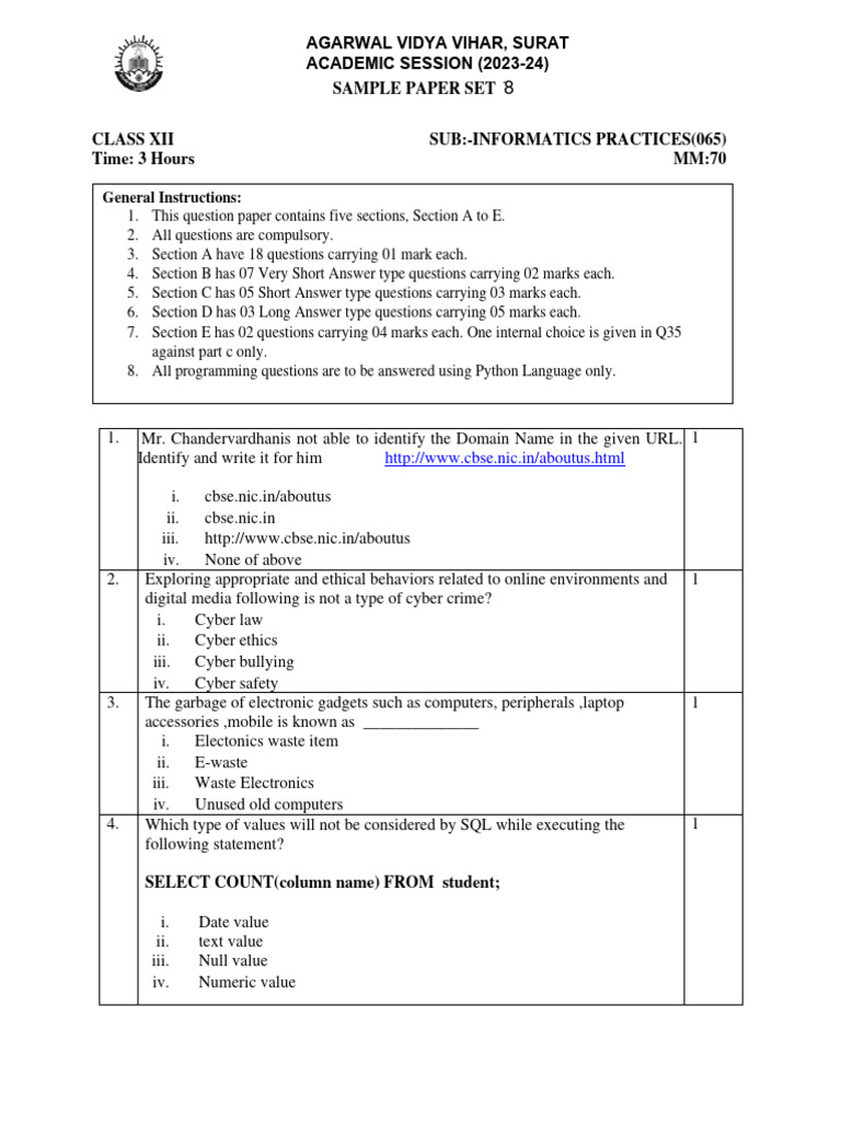 Ip Sample Paper 8 | PDF | Computing