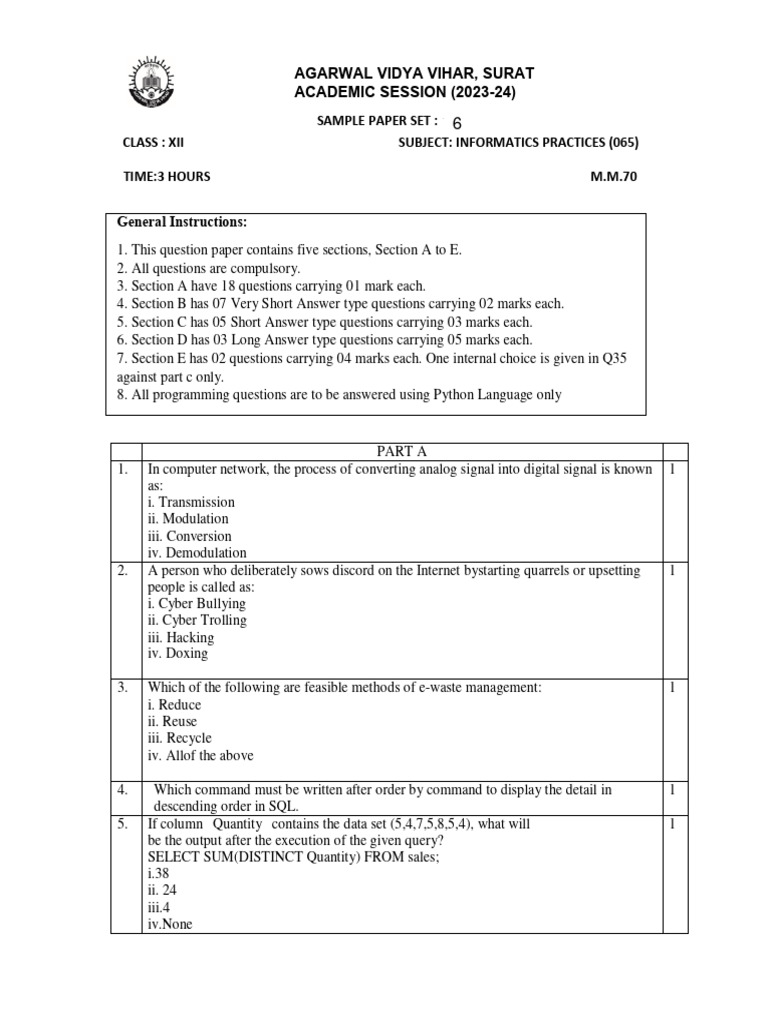 Ip Sample Paper 6 | PDF | Sql | Computing