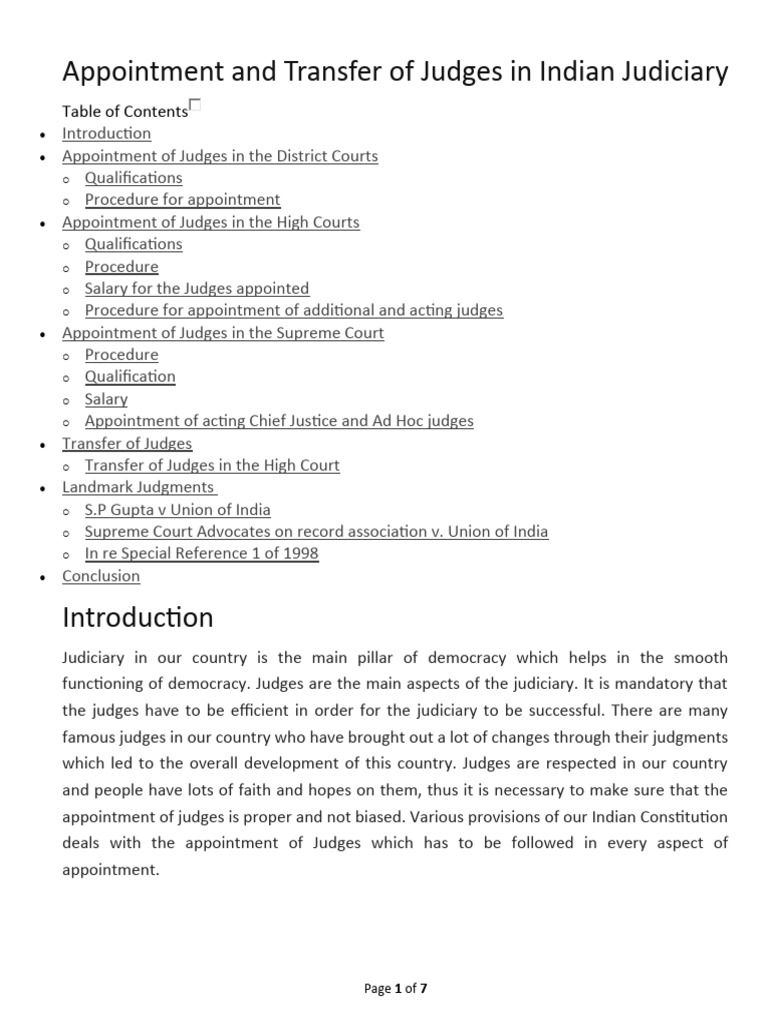 Appointment and Transfer of Judges in Indian Judiciary | PDF | Judge ...