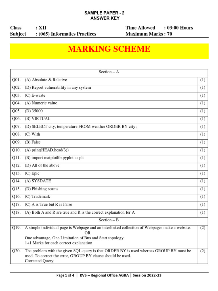Ip Sample Paper 2 Answer Key | PDF | Computing | Data Management