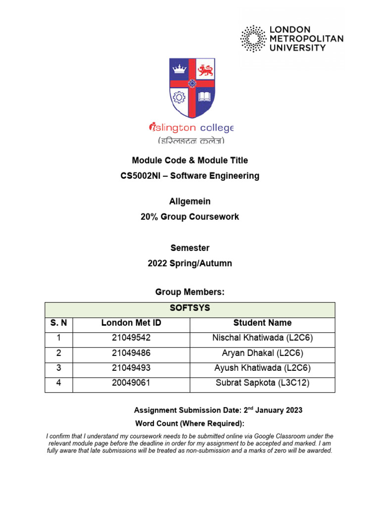 Module Code & Module Title CS5002NI - Software Engineering Allgemein 20% Group Coursework | PDF ...