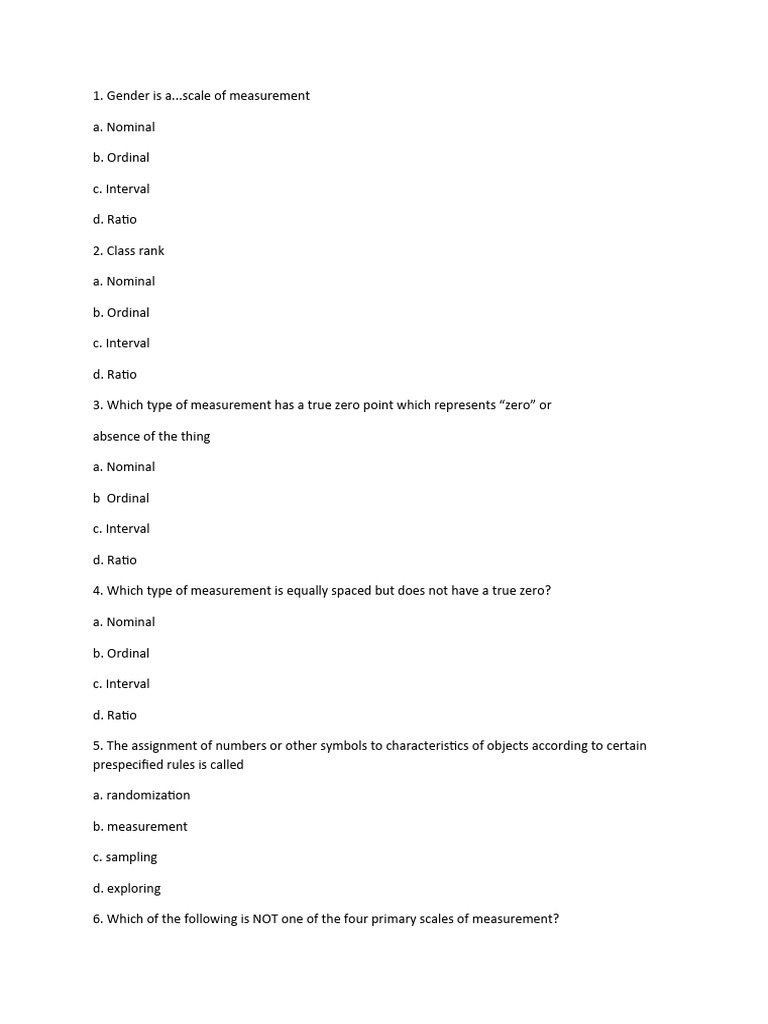 Scales of Measurement Quiz | PDF | Level Of Measurement | Probability ...