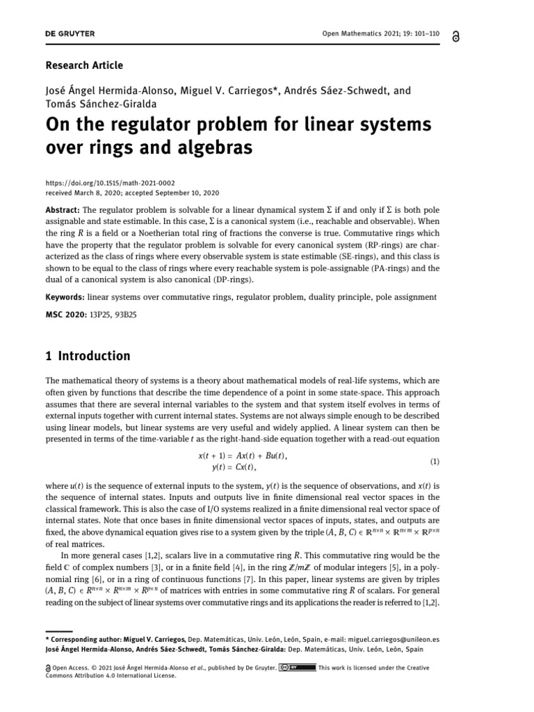 Regulator Problem | PDF | Ring (Mathematics) | System Of Linear Equations