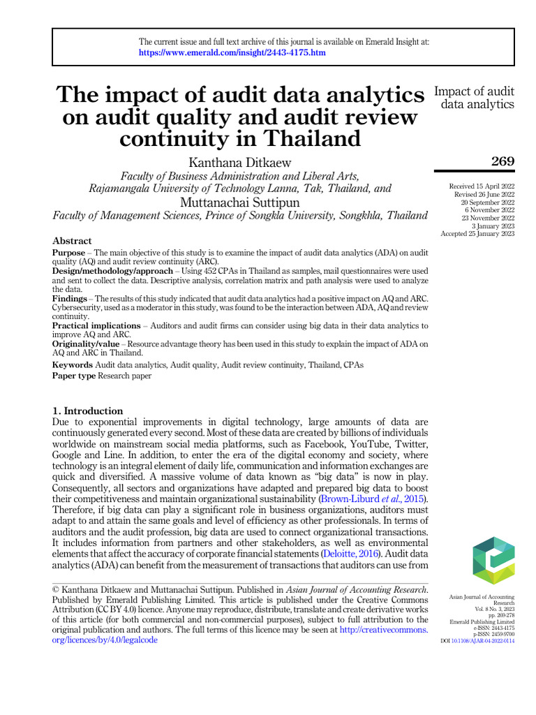 The Impact of Audit Data Analytics On Audit Quality and Audit Review Continuity in Thailand ...