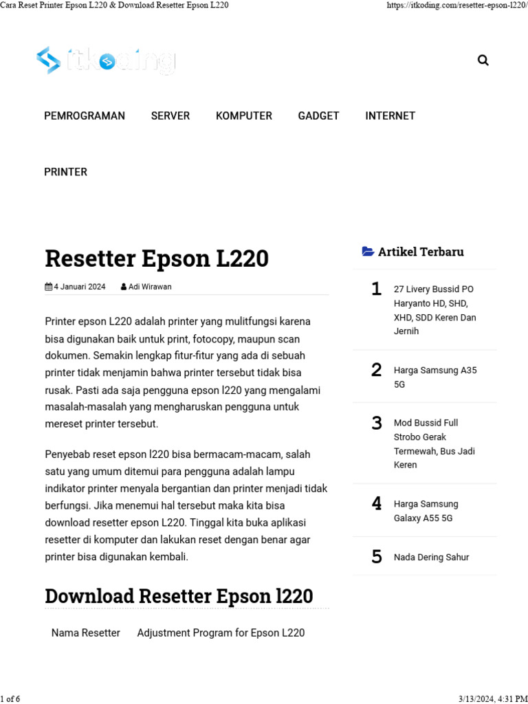 Cara Reset Printer Epson L220 & Download Resetter Epson L220 | PDF