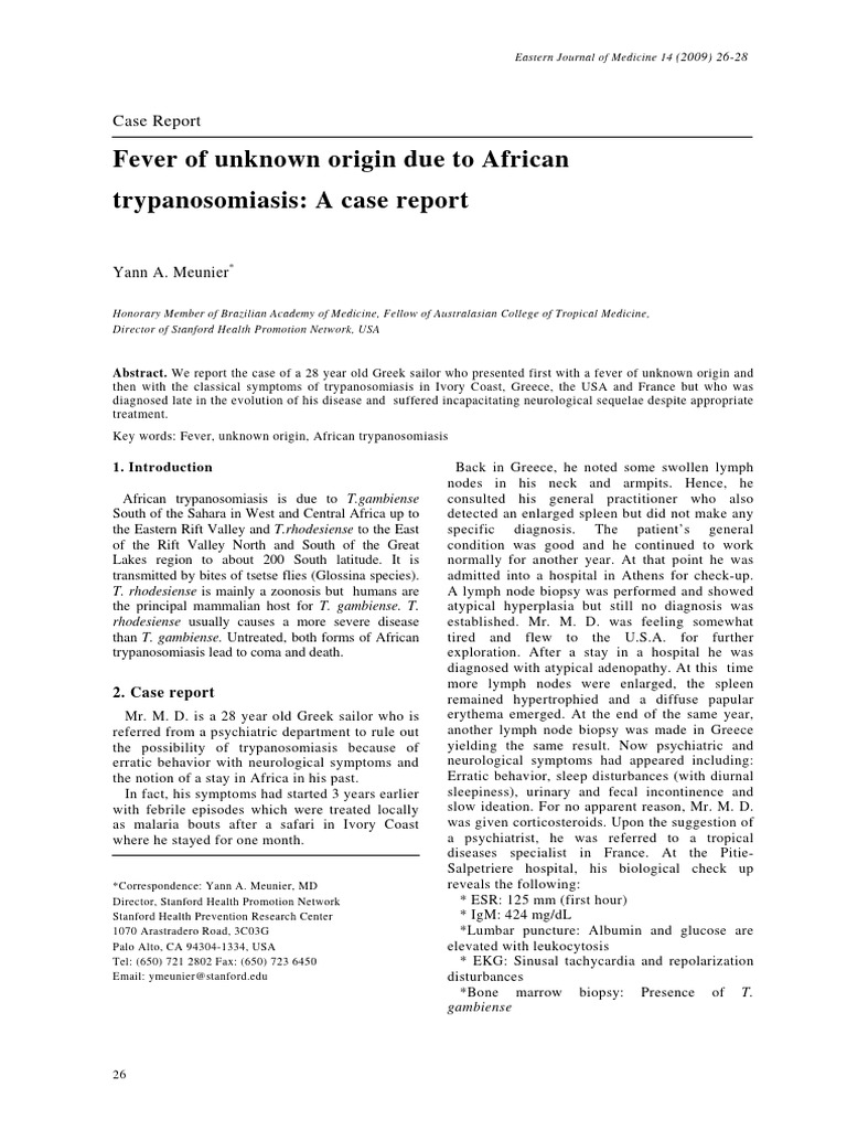 Fever of Unknown Origin Due To African Trypanosomiasis - A Case Report ...