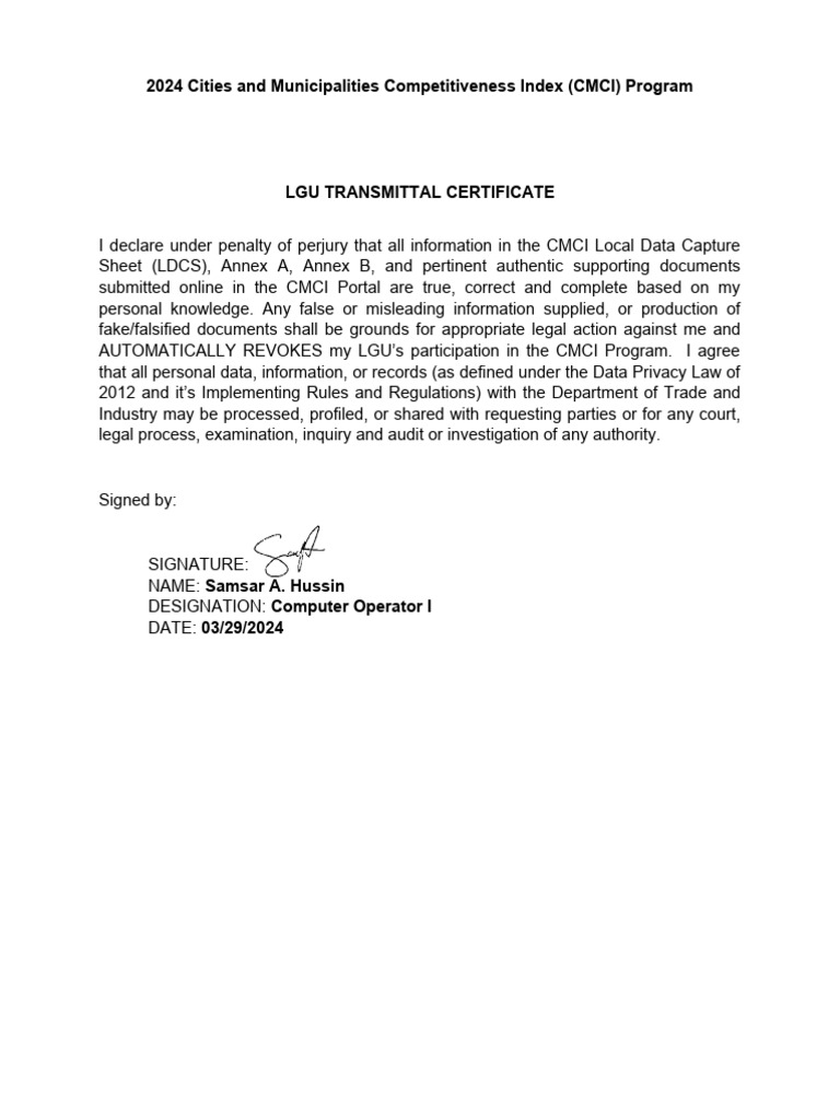 2024 Transmittal Certificate - CMCI | PDF