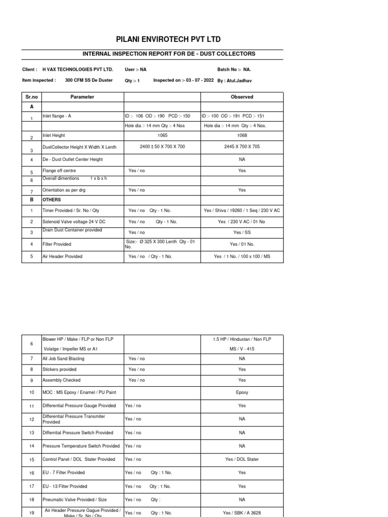 Internal Inspection Report - H Vax - 300cfm - DC - 01 - SS | PDF ...