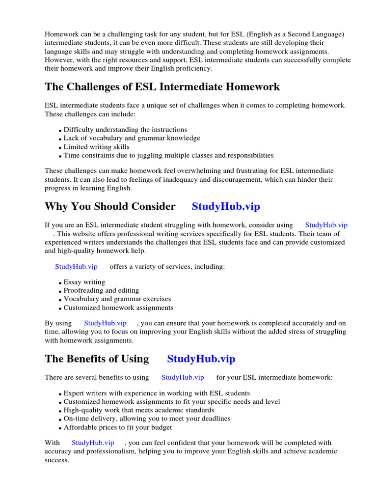 Esl Intermediate Homework | PDF | English As A Second Or Foreign ...