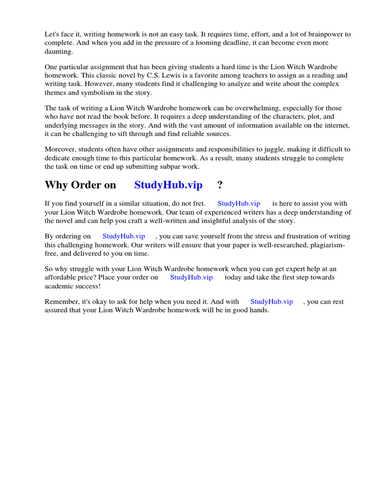 Lion Witch Wardrobe Homework | PDF | The Chronicles Of Narnia
