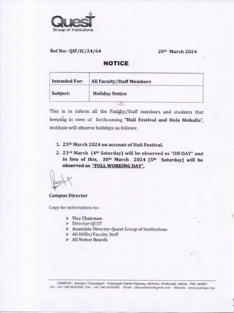 64 Holiday Notice (Holi) | PDF