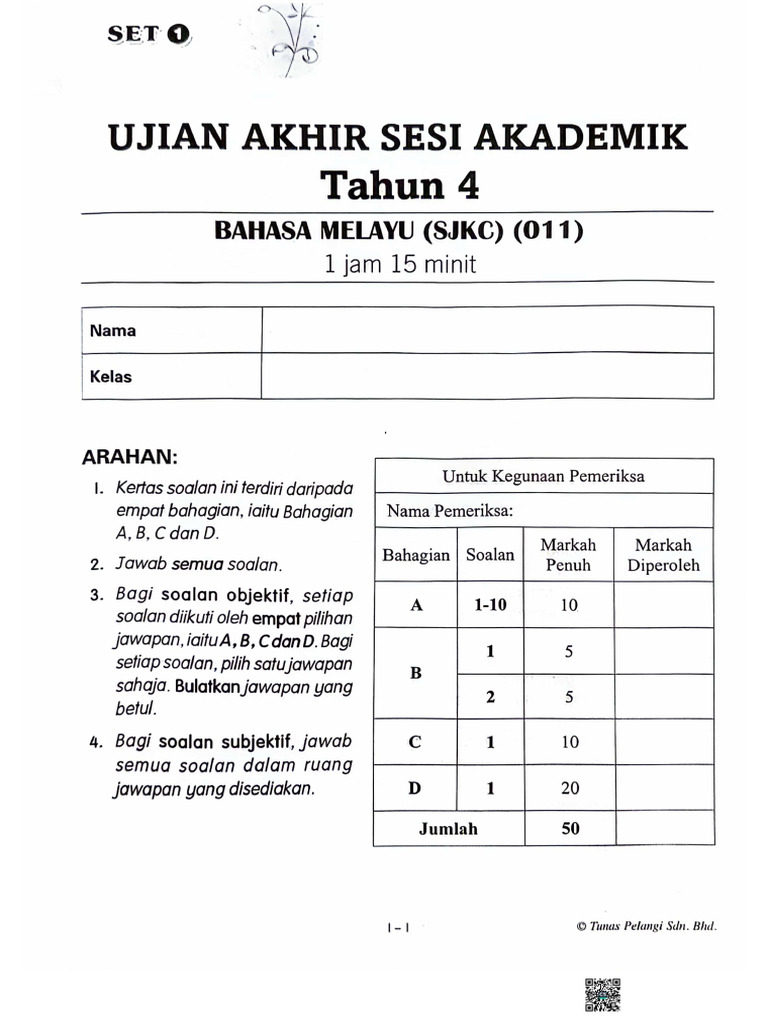 Ujian UASA BM Set 1 Darjah 4 | PDF