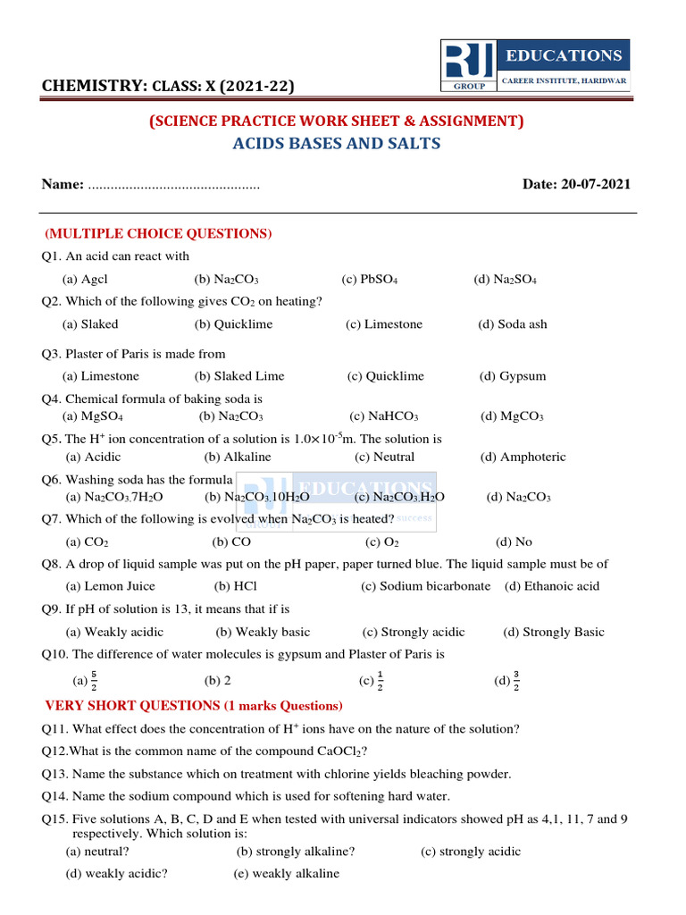Class X Chemistry: Acids, Bases, Salts Quiz | PDF | Sodium Carbonate | Acid