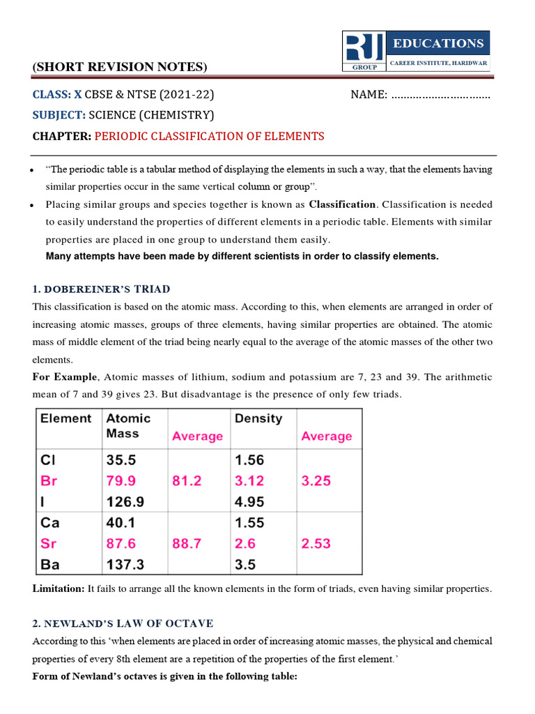 Notes - Periodic Classification of Elements - C-X | PDF | Periodic ...