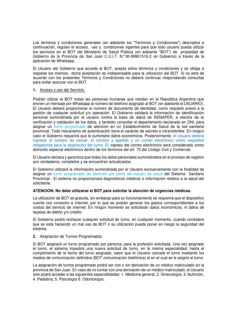 Términos y Condiciones del BOT Salud San Juan | PDF | Documento de identidad | Internet Bot