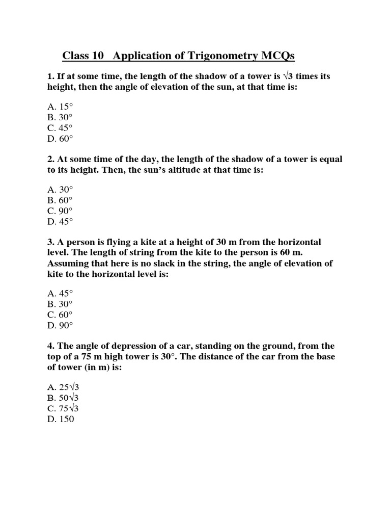 10 - App of Trig - MCQ - Ques 2023 | PDF | Shadow | Angle