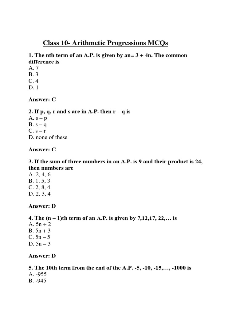 Class 10 Arithmetic Progression MCQs | PDF