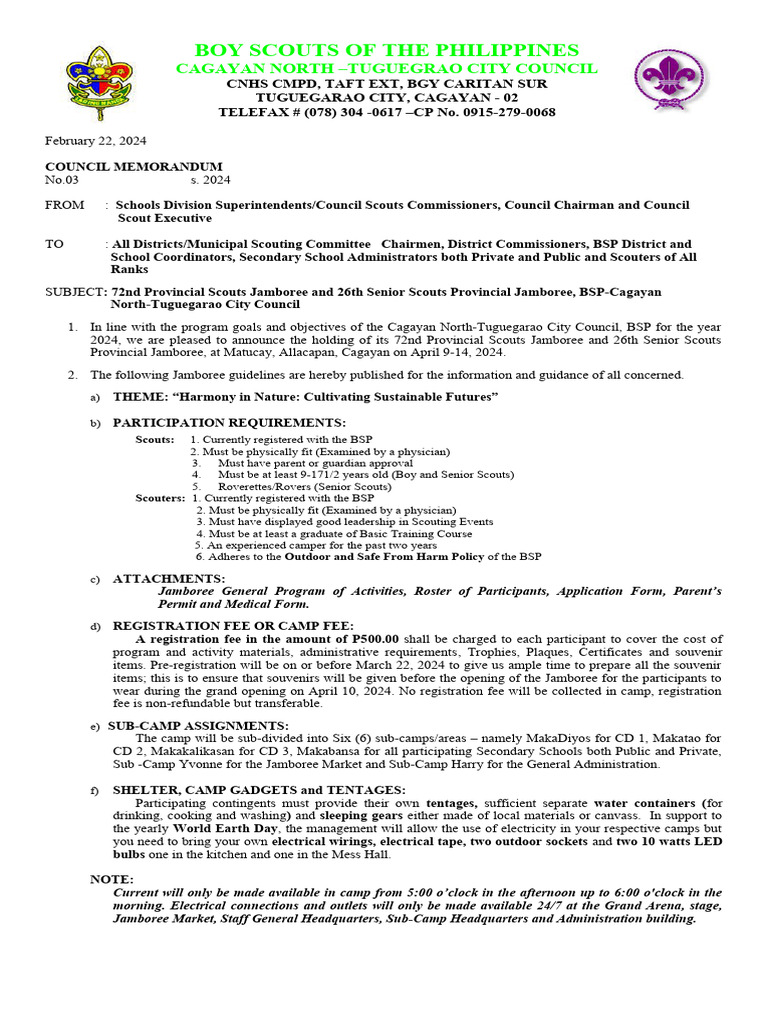 Memo.03 S. 2024 Council Jamboree | PDF | Scouting | Child Protection