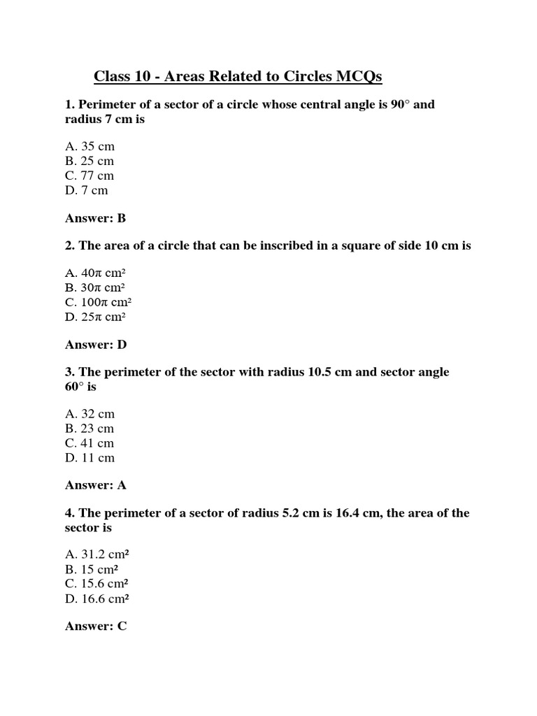 Class 10 Circles MCQs & Answers | PDF | Area | Circle
