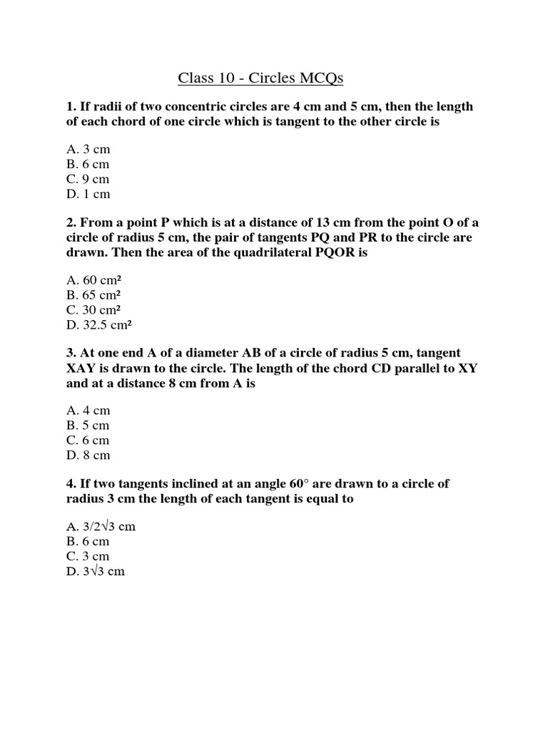 10 - Circle - MCQ - Ques 2023 | PDF | Circle | Angle