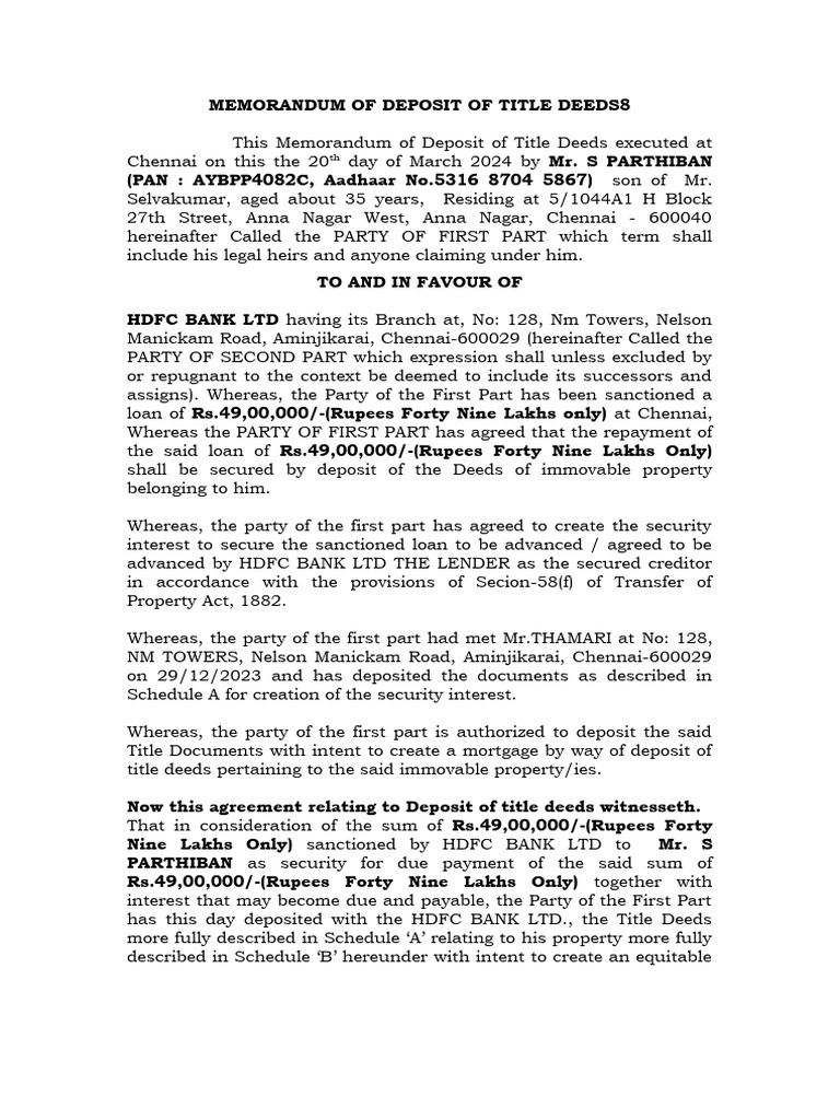 Parthiban MODT | PDF | Deed | Loans Parthiban MODT | PDF | Deed | Loans