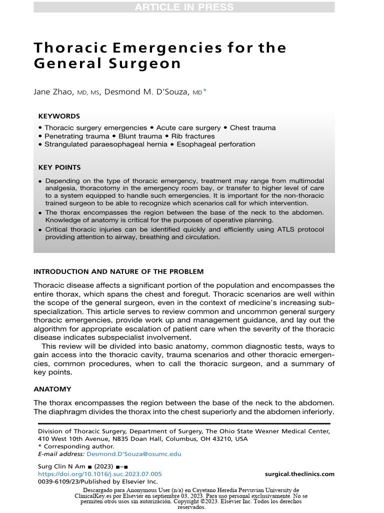 Thoracic Emergencies For The General Surgeon | PDF | Thorax | Esophagus