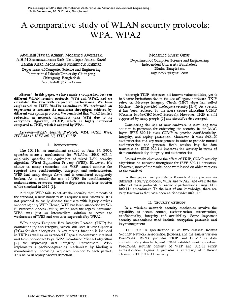 A Comparative Study of WLAN Security WPA, WPA2 | PDF | Ieee 802.11 | Transmission Control Protocol