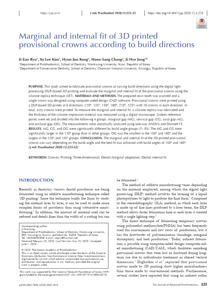 Marginal and Internal Fit of 3D Printed Provisiona | PDF | 3 D Printing